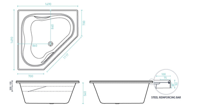 POSITANO Inset Bath or Spa Bath With Sizes 1490 mm And 16/24 Flush Jet ...